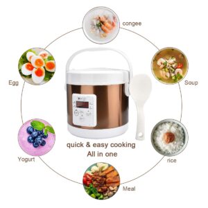 HOMCORT 2.0L Mini Rice Cooker, 25 Minutes Fast Cooking, 3 Cups (Uncooked), with Non-stick Pot, Keep Warm Function, for Soup, Rice, Stews, Grains & Oatmeal - Gold