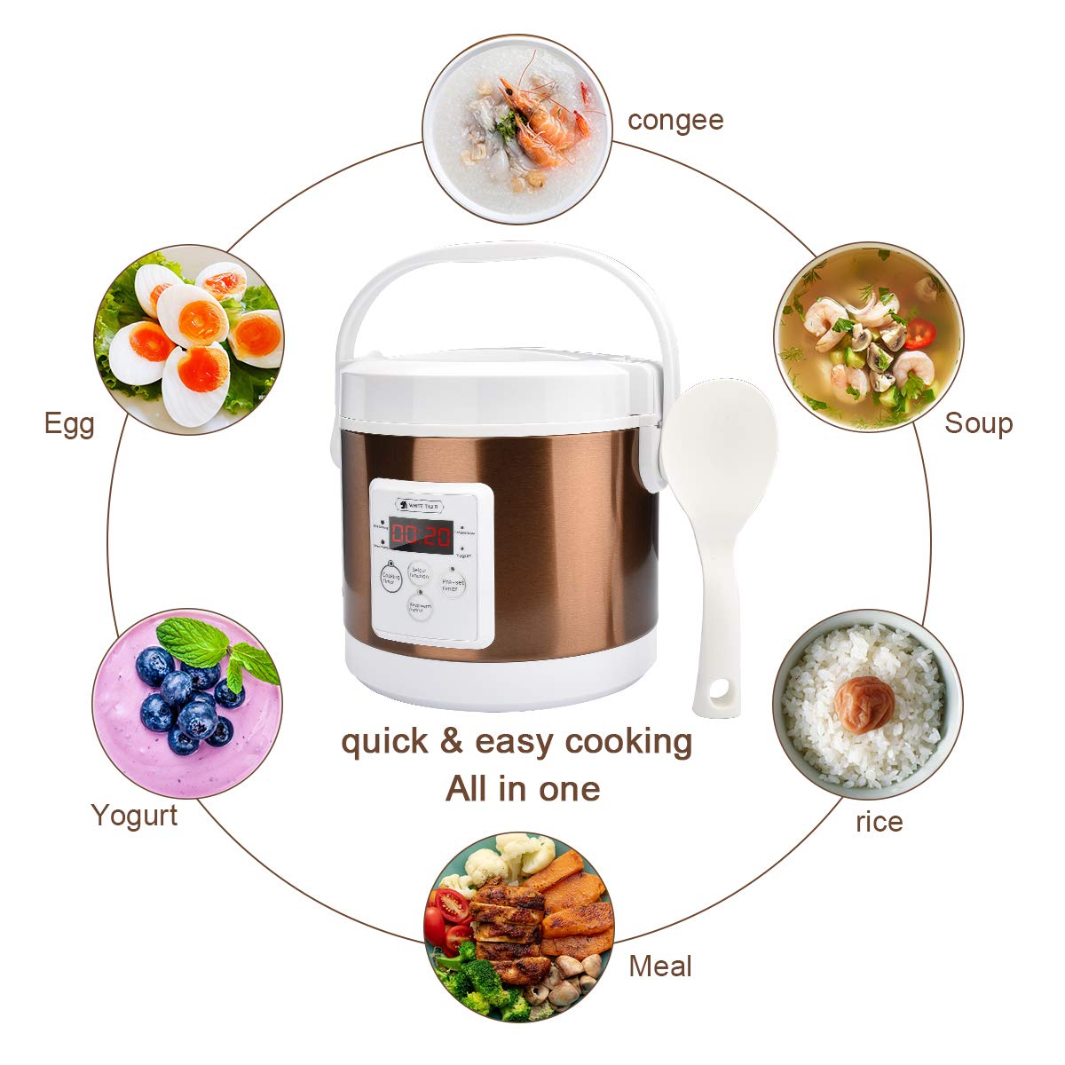 HOMCORT 2.0L Mini Rice Cooker, 25 Minutes Fast Cooking, 3 Cups (Uncooked), with Non-stick Pot, Keep Warm Function, for Soup, Rice, Stews, Grains & Oatmeal - Gold