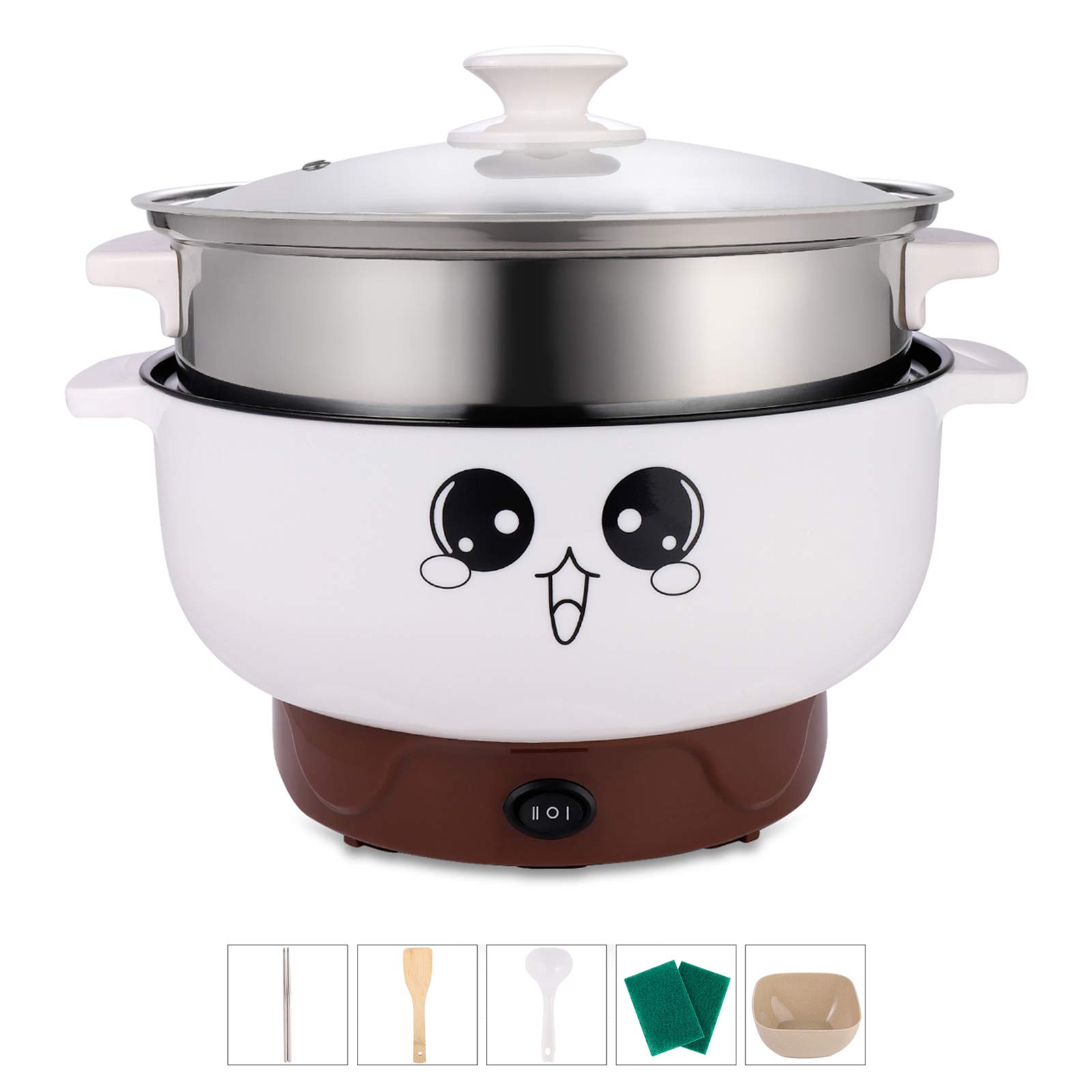 4-IN-1 Multifunction Electric Cooker Skillet Grill Pot Wok Electric Hot Pot for Noodles Cook Rice Fried Stew Soup Steamed Fish Boiled Egg Small Non-stick (2.3L, with Lid and Steamer)