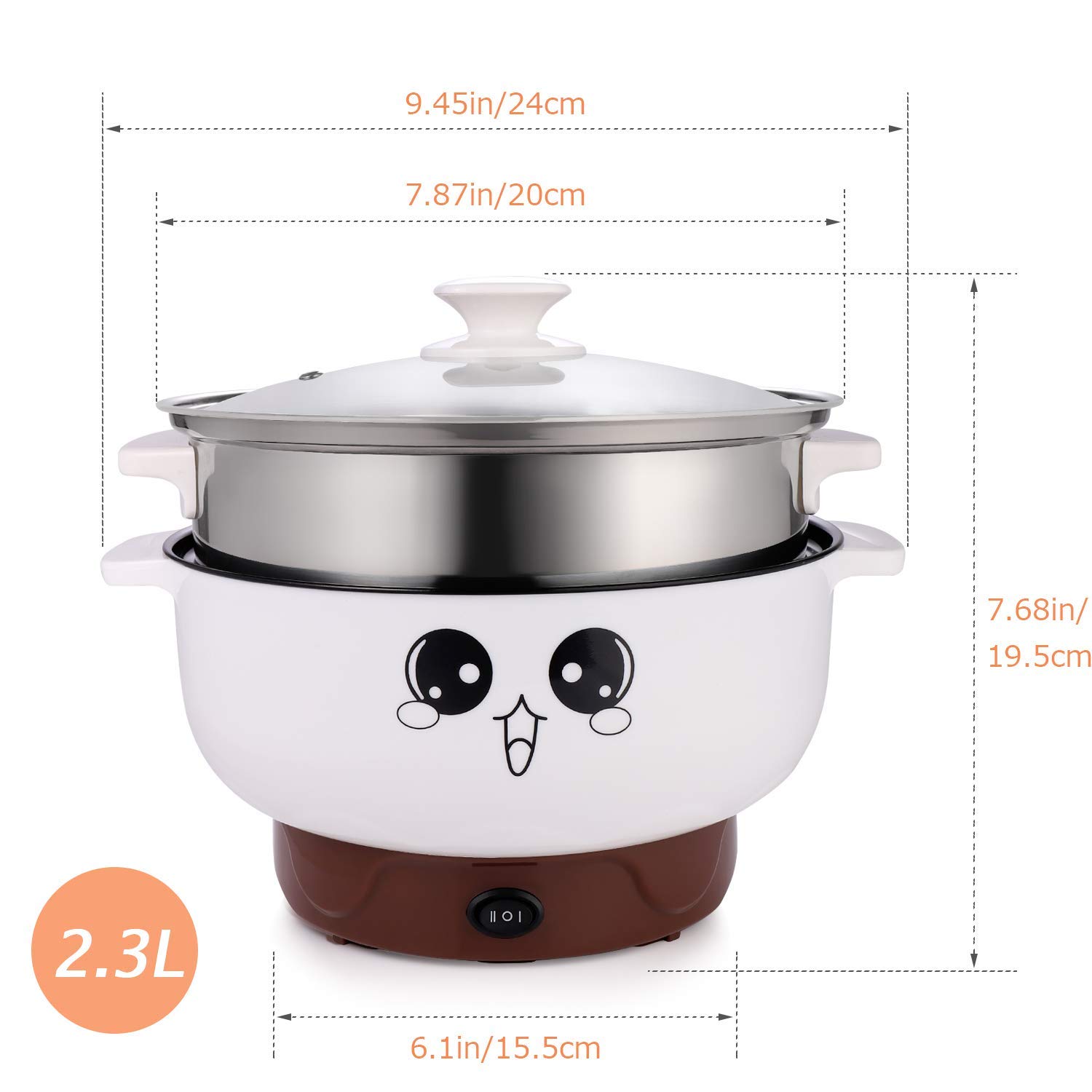 4-IN-1 Multifunction Electric Cooker Skillet Grill Pot Wok Electric Hot Pot for Noodles Cook Rice Fried Stew Soup Steamed Fish Boiled Egg Small Non-stick (2.3L, with Lid and Steamer)