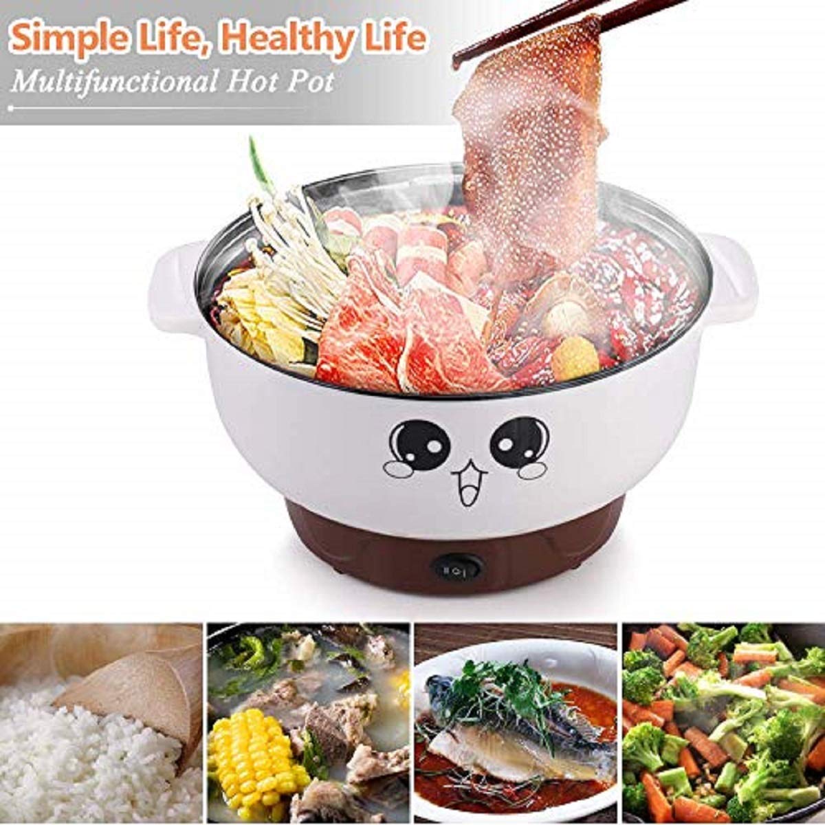 4-IN-1 Multifunction Electric Cooker Skillet Grill Pot Wok Electric Hot Pot for Noodles Cook Rice Fried Stew Soup Steamed Fish Boiled Egg Small Non-stick (2.3L, with Lid and Steamer)