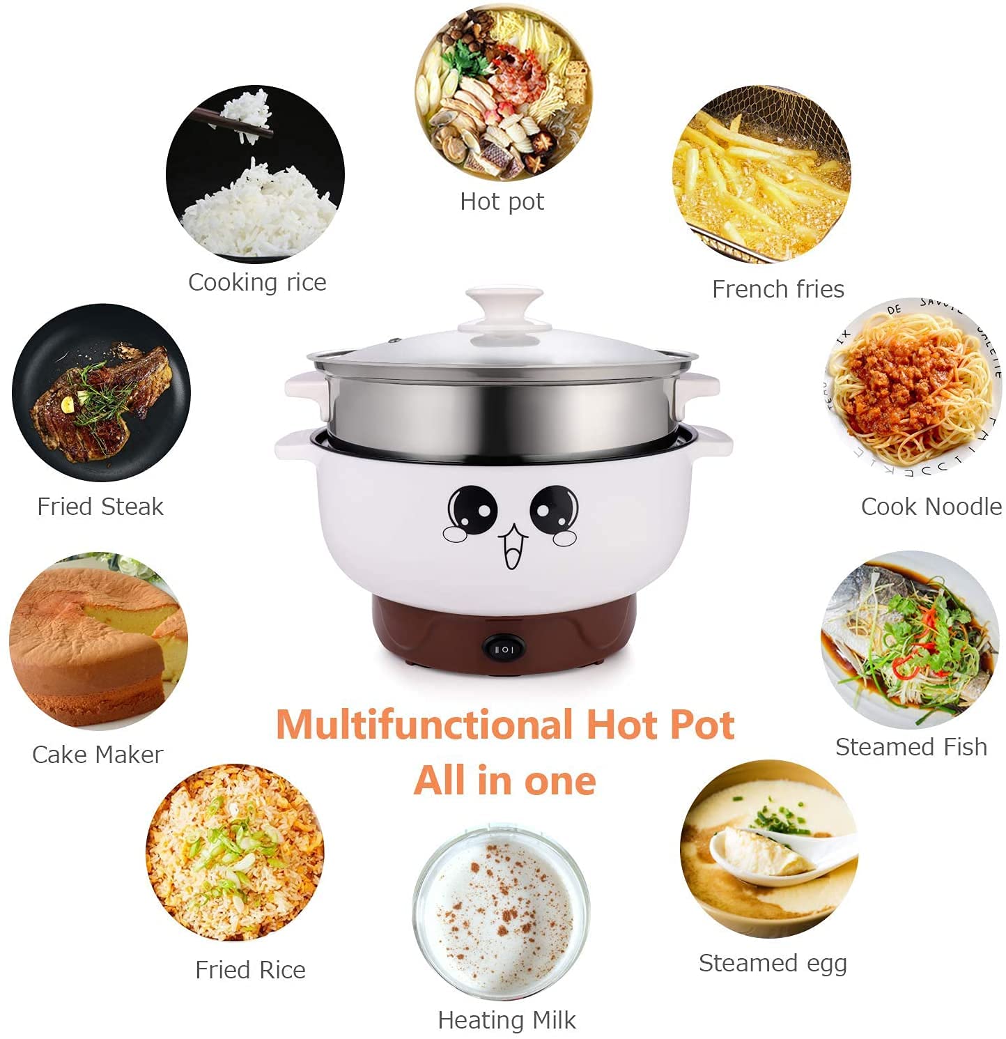 4-In-1 Multifunction Electric Stainless Steel Non-Stick Hot Pot Cooker 2.3L Portable Skillet Grill Pot Heating Pan for Noodles Cook Rice Soup