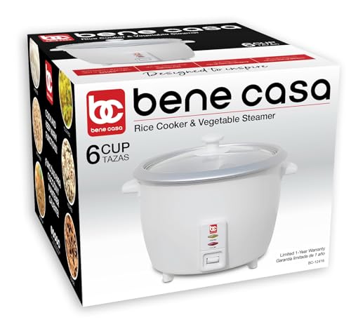 Bene Casa - Rice Cooker with Glass Lid - Includes Nonstick Aluminum Inner Pot and a 12 Hour Keep Warm Feature - Cooks Up to 12 Cups of Rice (6 Cups Uncooked)