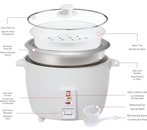 Bene Casa - Rice Cooker with Glass Lid - Includes Nonstick Aluminum Inner Pot and a 12 Hour Keep Warm Feature - Cooks Up to 12 Cups of Rice (6 Cups Uncooked)