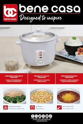 Bene Casa - Rice Cooker with Glass Lid - Includes Nonstick Aluminum Inner Pot and a 12 Hour Keep Warm Feature - Cooks Up to 12 Cups of Rice (6 Cups Uncooked)