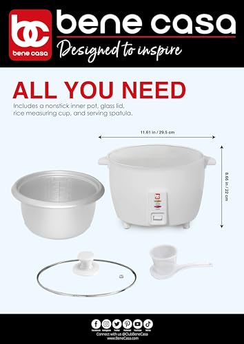 Bene Casa - Rice Cooker with Glass Lid - Includes Nonstick Aluminum Inner Pot and a 12 Hour Keep Warm Feature - Cooks Up to 12 Cups of Rice (6 Cups Uncooked)