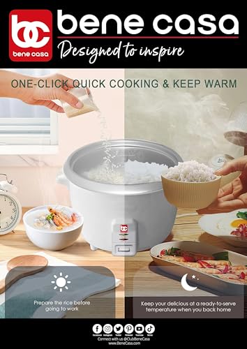 Bene Casa - Rice Cooker with Glass Lid - Includes Nonstick Aluminum Inner Pot and a 12 Hour Keep Warm Feature - Cooks Up to 12 Cups of Rice (6 Cups Uncooked)