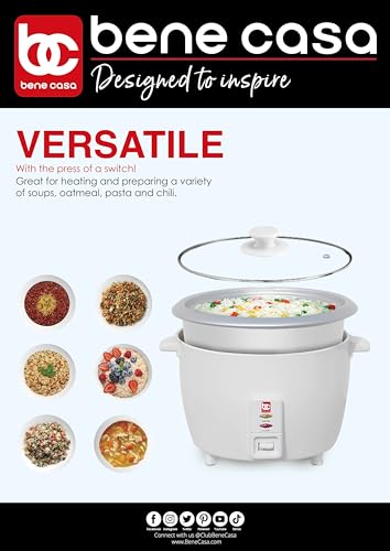 Bene Casa - Rice Cooker with Glass Lid - Includes Nonstick Aluminum Inner Pot and a 12 Hour Keep Warm Feature - Cooks Up to 12 Cups of Rice (6 Cups Uncooked)