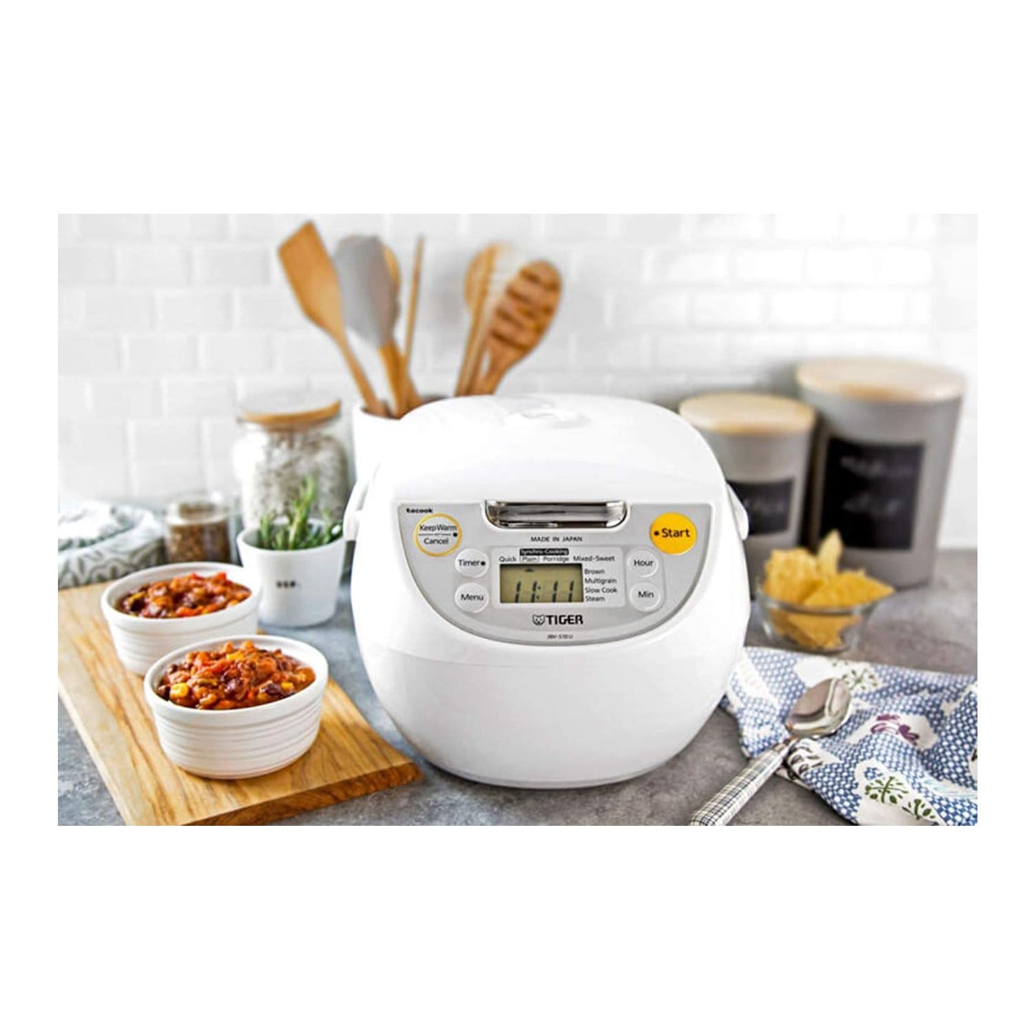 Tiger JBV-S18U 10-Cup Microcomputer Controlled 4-in-1 Rice Cooker (White) Bundle with Rice Washing Bowl and Bamboo Spoon (3 Items)