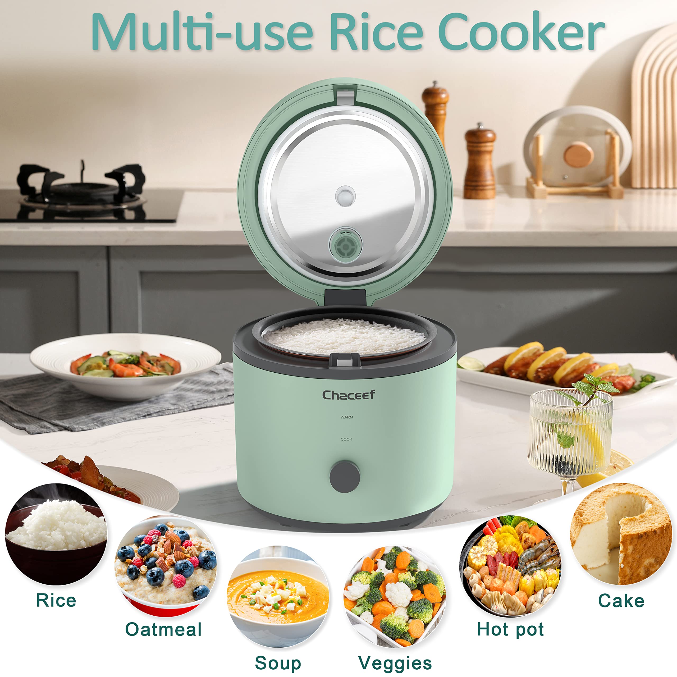 CHACEEF 1.5L Rice Cooker 3-Cups Uncooked & CHACEEF 1.2L Mini Rice Cooker 2-Cups Uncooked, Green