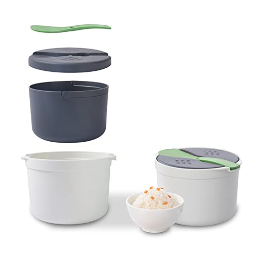 Hoopoocolor 2L Microwave Rice Cooker, with Rice Scoop, Lid, Strainer and Steaming Pot, BPA Free, Dishwasher Safe, Food Grade PP Rice Cooker Set, Steams Rice Perfection Every Time(No Bowl)(Green)