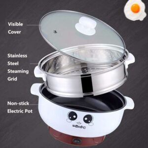 4-in-1 Multifunction Electric Skillet Non-Stick Stainless Steel Hot Pot Noodles Rice Cooker Soup Pot Portable Mini Heating Pan Cooking Fried (Diameter 20CM, 2.3L, Electric Skillet with Steam Grid)