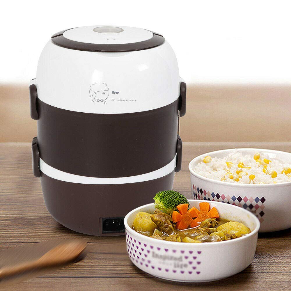 3 Layers Insulated Lunchbox Electric,Mini Rice Cooker Stainless Steel Egg Cooker,Portable Food Heater Steamer Warmer 2L For Home,Office,School