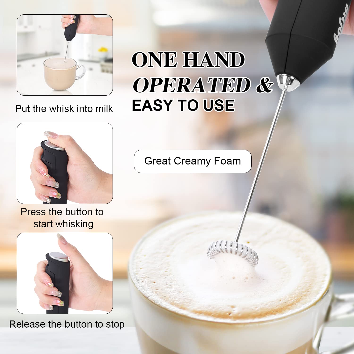 Milk Frother Electric Mixer Coffee - Battery Operated Whisk Handheld Drink Stirrer Mixing Wand - Mini Coffee Foam Blender Hand Held for Matcha, Latte, Cappuccino, Frappe, Chocolate