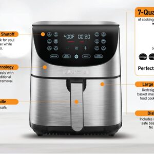 Gourmia Air Fryer Oven Digital Display 7 Quart Large AirFryer Cooker 12 Touch Cooking Presets, XL Air Fryer Basket 1700w Power Multifunction GAF778 Black and stainless steel air fryer FryForce 360°