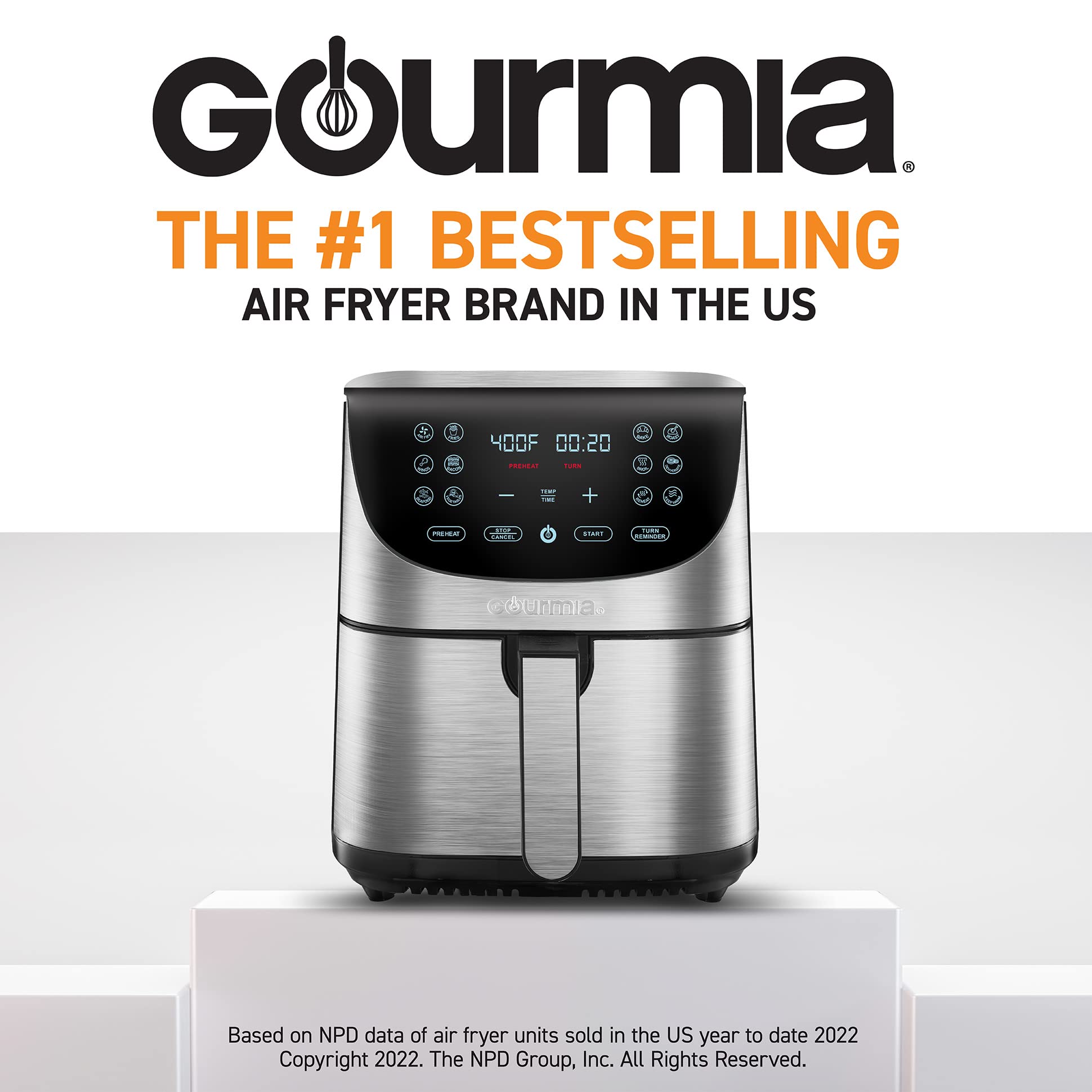 Gourmia Air Fryer Oven Digital Display 7 Quart Large AirFryer Cooker 12 Touch Cooking Presets, XL Air Fryer Basket 1700w Power Multifunction GAF778 Black and stainless steel air fryer FryForce 360°