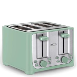 bella 4 slice toaster with auto shut off - extra wide slots & removable crumb tray and cancel, defrost & reheat function - toast bread & bagel, sage