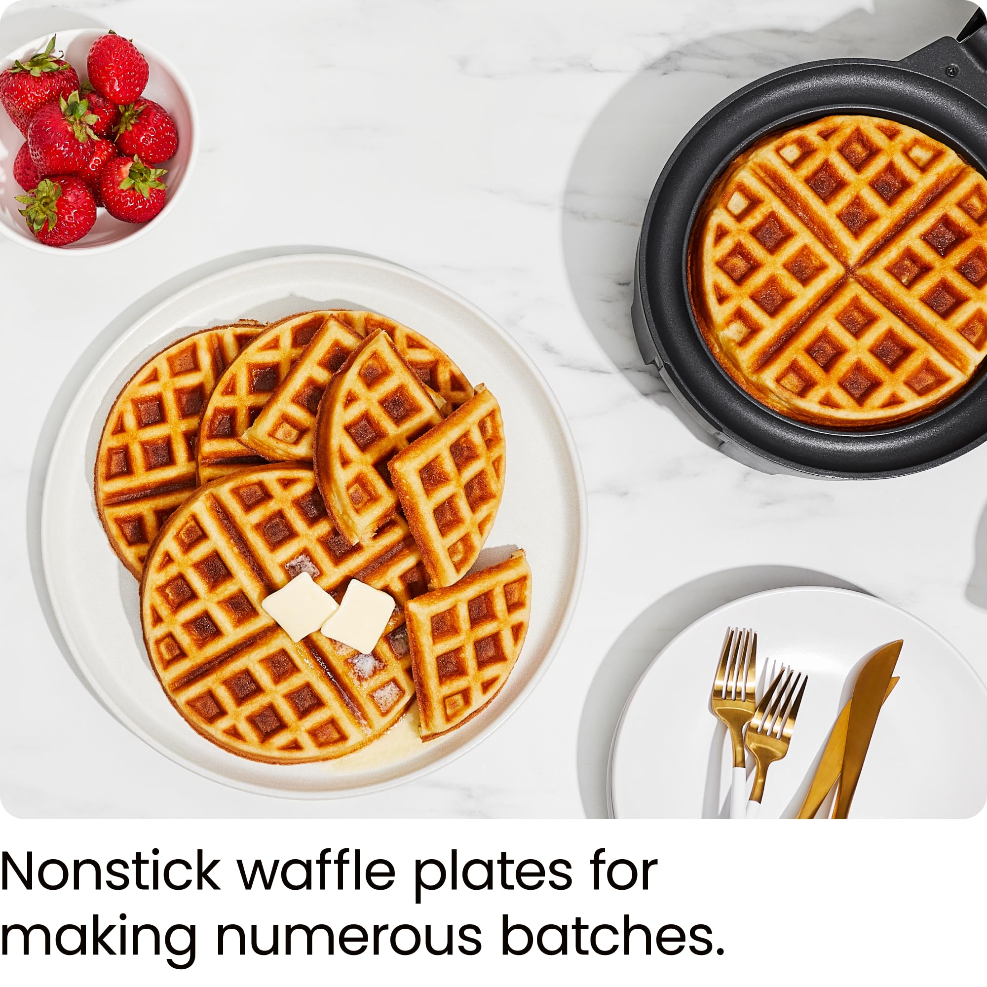 Chefman Anti-Overflow Belgian Waffle Maker w/Shade Selector, Temperature Control, Mess Free Moat, Round Nonstick Iron Plate, Cool Touch Handle, Measuring Cup Included, Black Stainless Steel