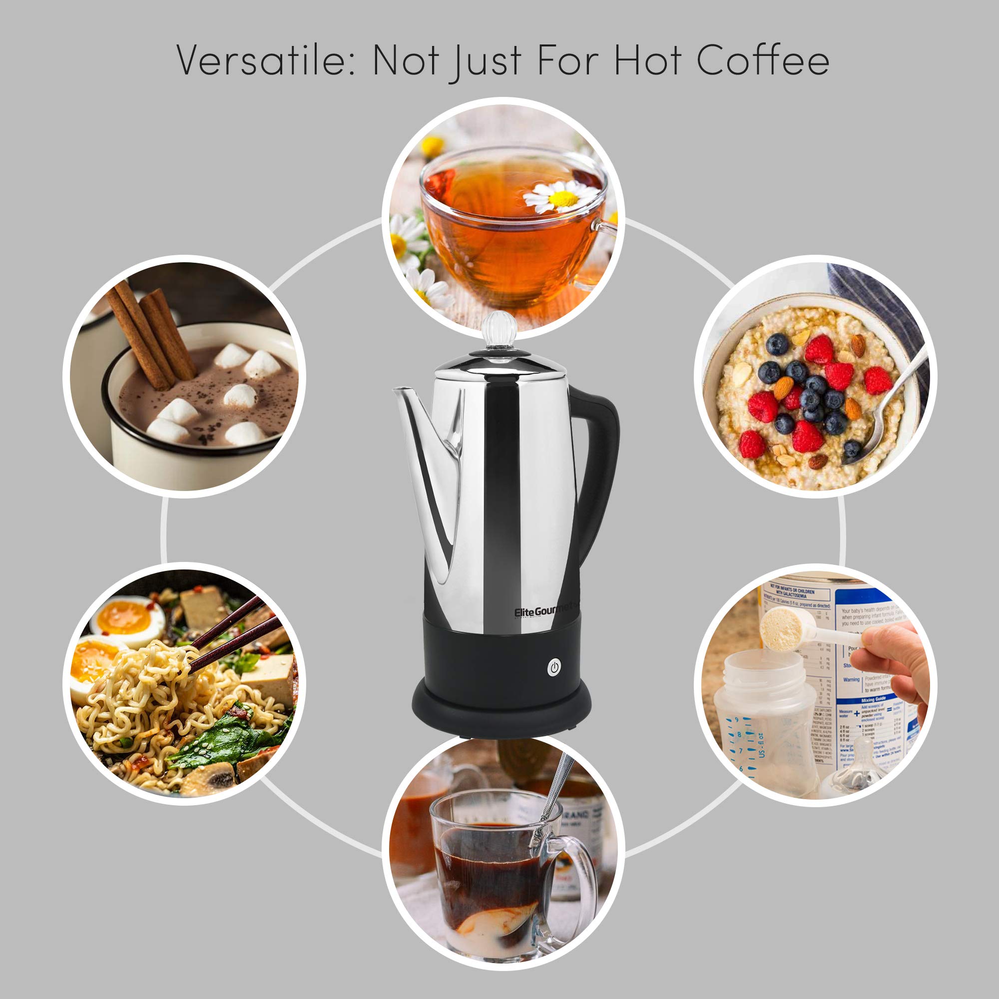 Elite Gourmet EC812# Electric 12-Cup Coffee Percolator with Keep Warm, Clear Brew Progress Knob Cool-Touch Handle Cord-less Serve, Stainless Steel