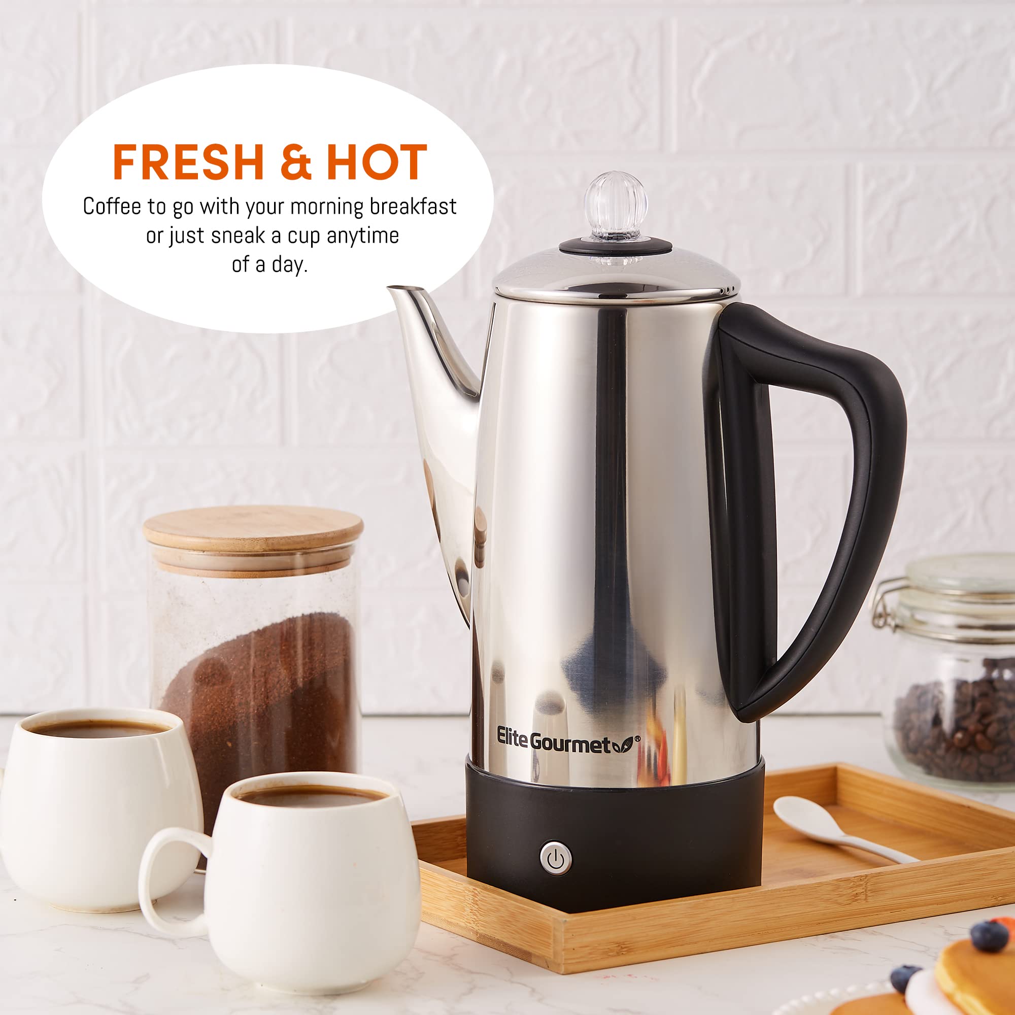 Elite Gourmet EC812# Electric 12-Cup Coffee Percolator with Keep Warm, Clear Brew Progress Knob Cool-Touch Handle Cord-less Serve, Stainless Steel