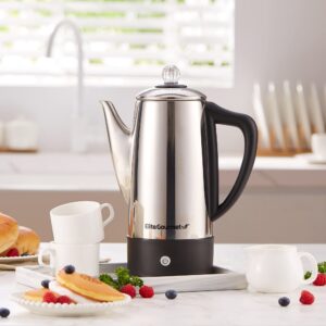 Elite Gourmet EC812# Electric 12-Cup Coffee Percolator with Keep Warm, Clear Brew Progress Knob Cool-Touch Handle Cord-less Serve, Stainless Steel