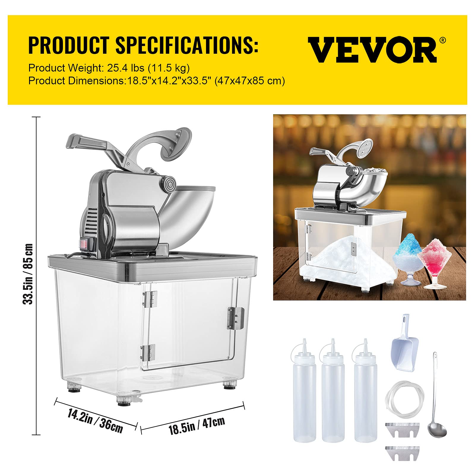 VEVOR 110V Commercial Ice Crusher 440LBS/H, ETL Approved 300W Electric Snow Cone Machine with Dual Blades, Stainless Steel Shaved Ice Machine with Safety On/Off Switch for Family, Restaurants, Bars