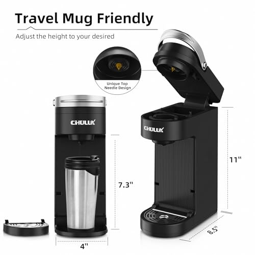 CHULUX Single Serve Coffee Maker for K-Cup Pods & Ground Coffee, 2-in-1 Slim One Cup Coffee Machine with 5 to 12oz Brew in Minutes, Fits 7.3" Travel Mugs