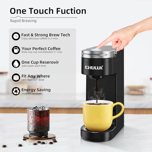 CHULUX Single Serve Coffee Maker for K-Cup Pods & Ground Coffee, 2-in-1 Slim One Cup Coffee Machine with 5 to 12oz Brew in Minutes, Fits 7.3" Travel Mugs