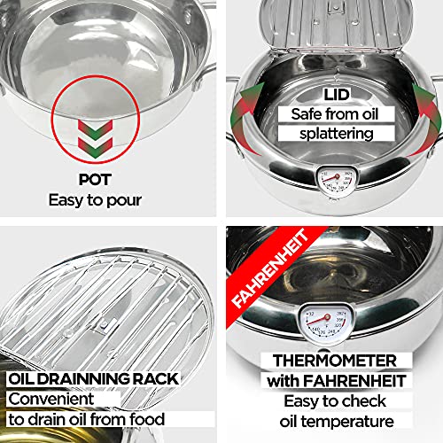 KOMONG Tempura Deep Frying Pot 3.4L, 304 Stainless Steel Deep Fryer pot with Fahrenheit Thermometer and Oil Draining Rack for Tempura chips, Fish, and Chicken