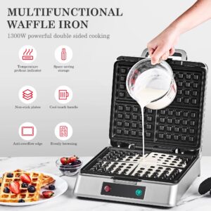 REDMOND Waffle Maker, Nonstick 4 Slice Square Waffle Iron, Compact Classic Stainless Steel Waffle Maker for Family Use Breakfast, 1300W, Silver