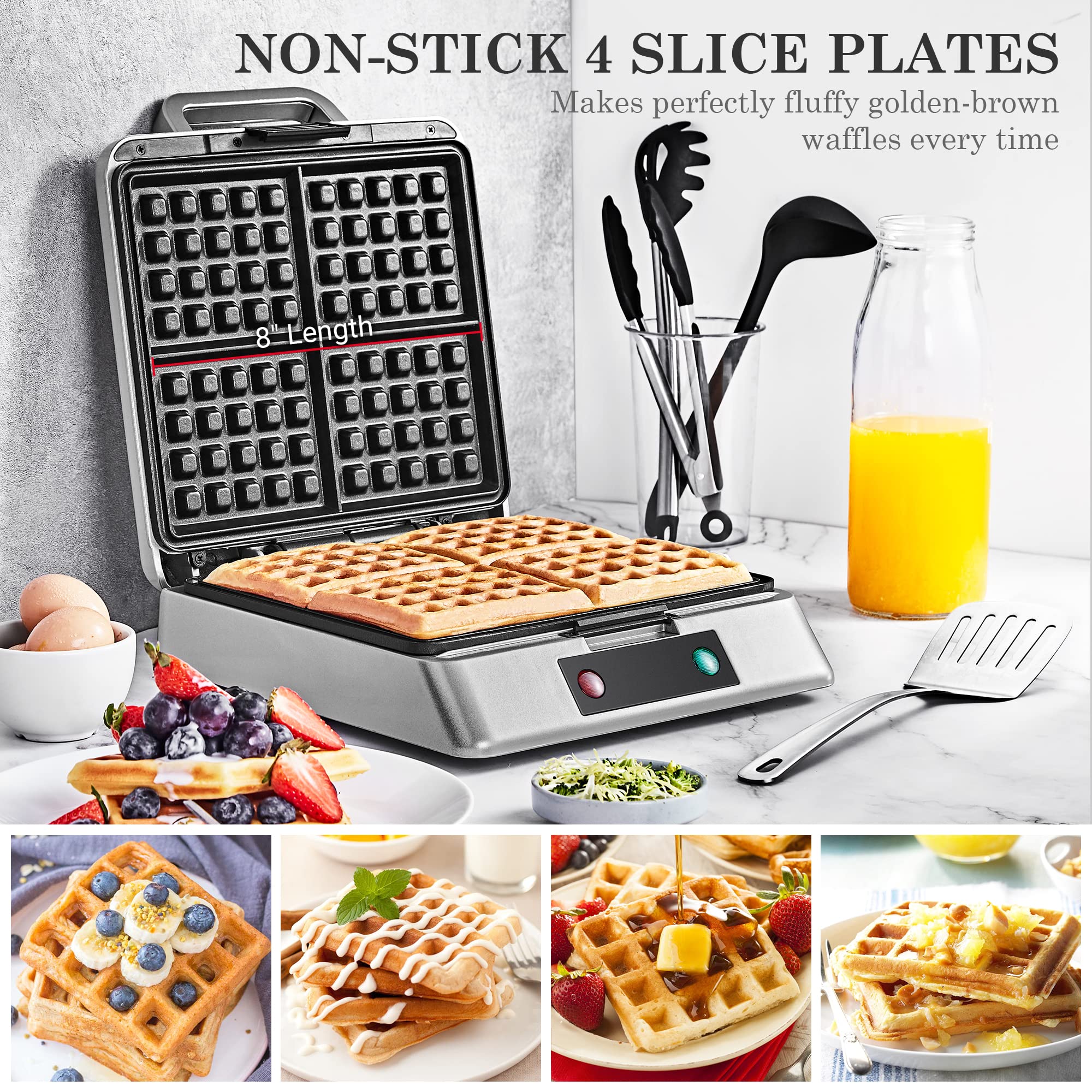 REDMOND Waffle Maker, Nonstick 4 Slice Square Waffle Iron, Compact Classic Stainless Steel Waffle Maker for Family Use Breakfast, 1300W, Silver