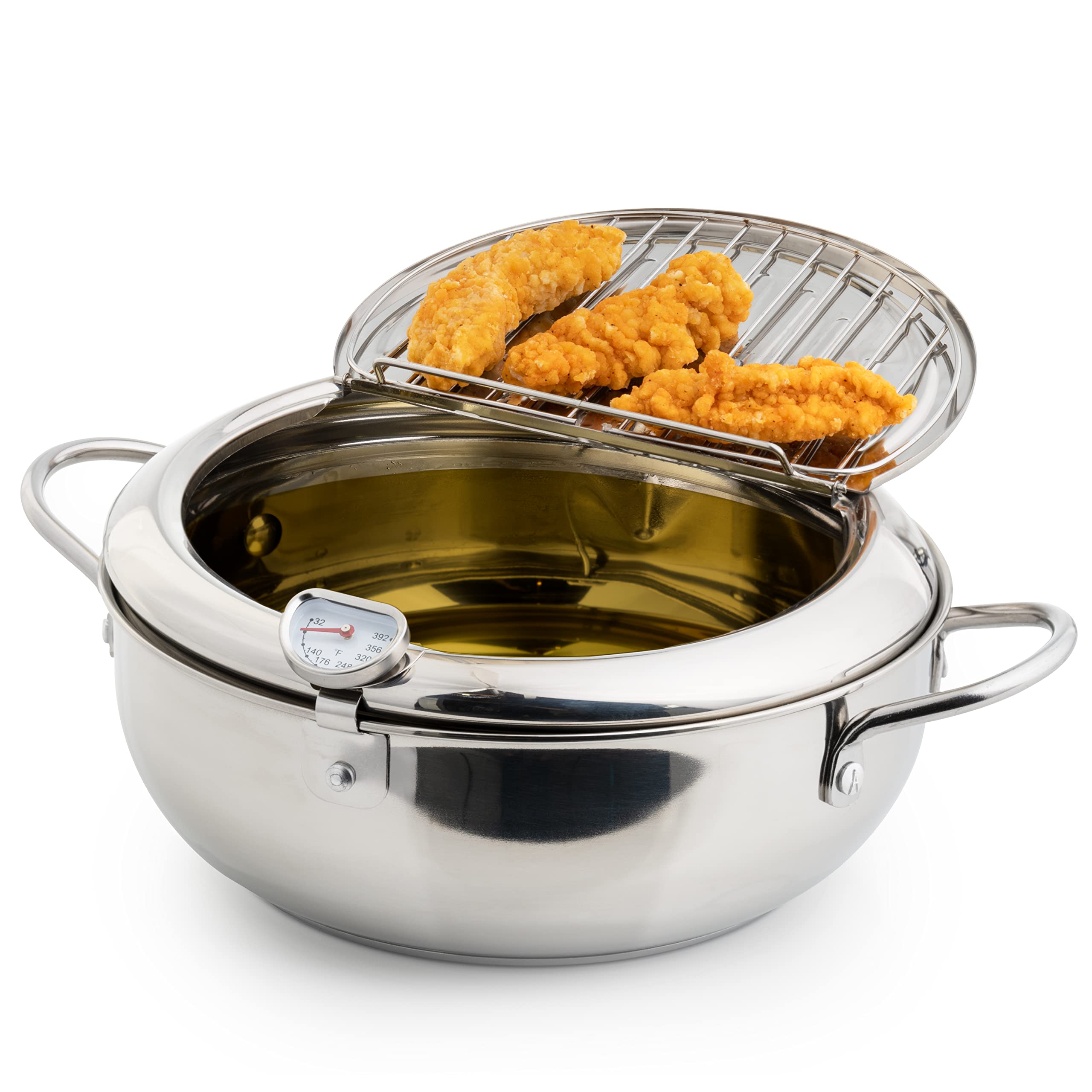 Deep Fryer Pot (°F),Stylish Tempura Fryer,Small Japanese Style 3.4L Stainless Steel Deep Frying Pot With Lid & Oil Drip Drainer Rack and Detachable Fahrenheit Temperature Control,Size: 9.8 Inches