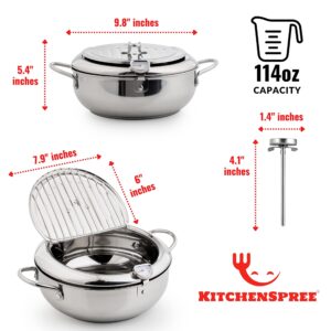 Deep Fryer Pot (°F),Stylish Tempura Fryer,Small Japanese Style 3.4L Stainless Steel Deep Frying Pot With Lid & Oil Drip Drainer Rack and Detachable Fahrenheit Temperature Control,Size: 9.8 Inches