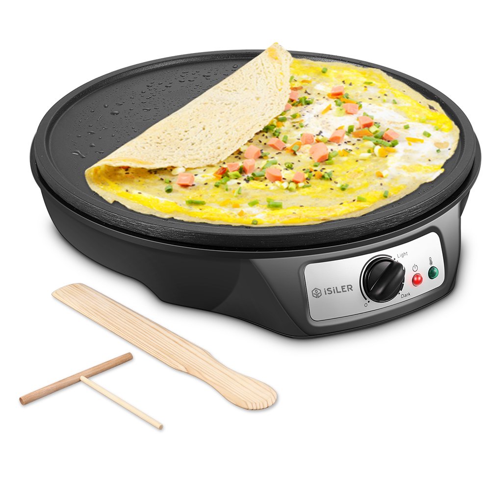 Electric Crepe Maker, iSiLER Nonstick Pancake Maker Griddle, 12 inches Crepe Pan with Spreader & Spatula, Temperature Control for Roti, Tortilla, Eggs