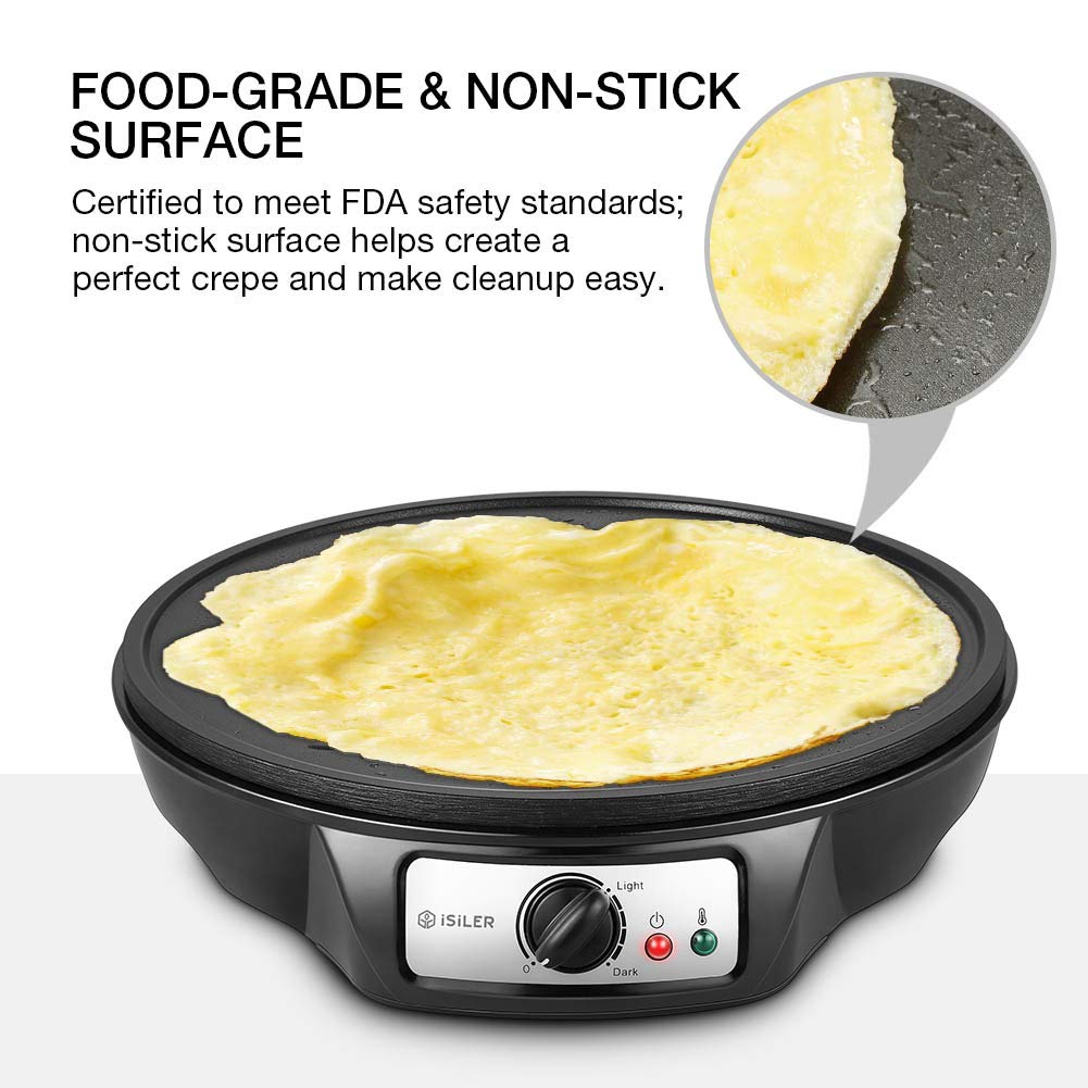 Electric Crepe Maker, iSiLER Nonstick Pancake Maker Griddle, 12 inches Crepe Pan with Spreader & Spatula, Temperature Control for Roti, Tortilla, Eggs