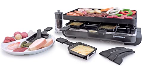 Swissmar KF-77041 Classic 8-Person Raclette Party Grill with Reversible Cast Aluminum Non-Stick Grill Plate/Crepe Top, Black