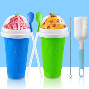 qwayhome 2pc slushie maker cup,diy frozen magic slushy cup,double layers silica smoothie pinch ice cup,quick cooling cup homemade milk shake ice cream maker (blue+green)