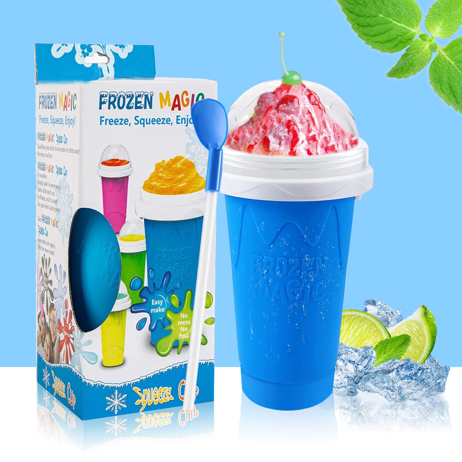 QwayHome 2PC Slushie Maker Cup,DIY Frozen Magic Slushy Cup,Double Layers Silica Smoothie Pinch Ice Cup,Quick Cooling Cup Homemade Milk Shake Ice Cream Maker (Blue+Green)