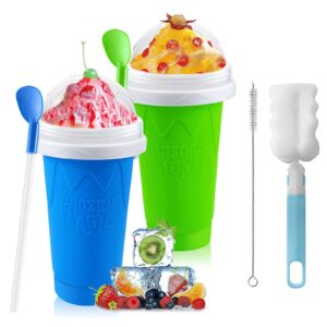 QwayHome 2PC Slushie Maker Cup,DIY Frozen Magic Slushy Cup,Double Layers Silica Smoothie Pinch Ice Cup,Quick Cooling Cup Homemade Milk Shake Ice Cream Maker (Blue+Green)