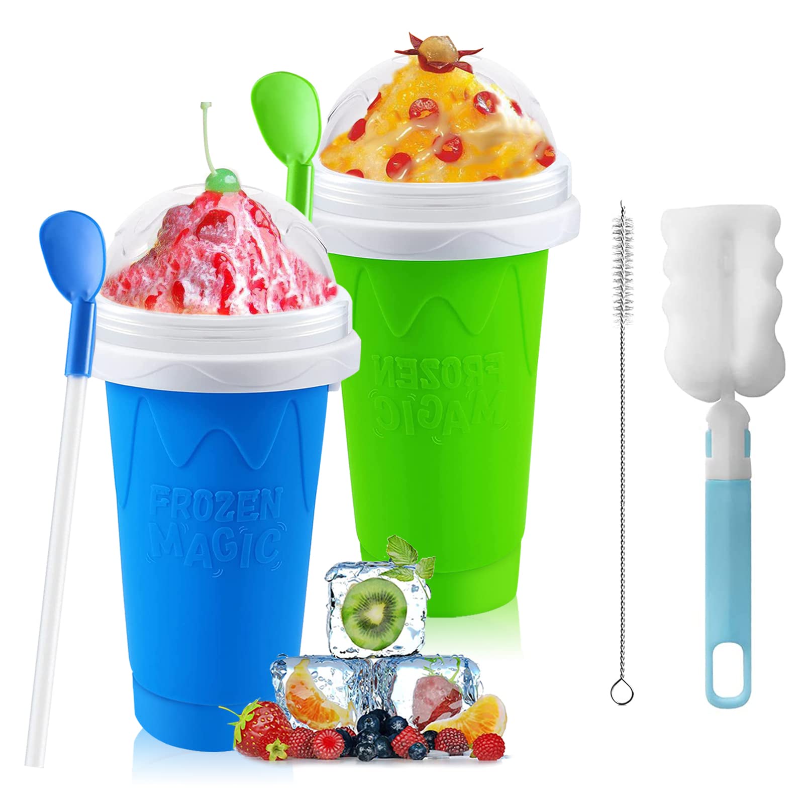 QwayHome 2PC Slushie Maker Cup,DIY Frozen Magic Slushy Cup,Double Layers Silica Smoothie Pinch Ice Cup,Quick Cooling Cup Homemade Milk Shake Ice Cream Maker (Blue+Green)