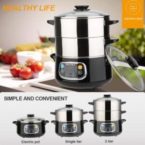 Secura Electric Food Steamer, Vegetable Double Tiered Stackable Baskets with Timer 1200W Fast Heating Stainless Steel Digital Steamer 8.5 Quart