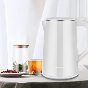 COOKTRON 1.7L Electric Kettle Quiet, Double Wall Hot Water Boiler BPA-Free, Quiet Boil and Cool Touch Tea Kettle, Cordless with Auto Shut-Off & Boil Dry Protection, 1500W Fast Boiling, White