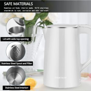 COOKTRON 1.7L Electric Kettle Quiet, Double Wall Hot Water Boiler BPA-Free, Quiet Boil and Cool Touch Tea Kettle, Cordless with Auto Shut-Off & Boil Dry Protection, 1500W Fast Boiling, White