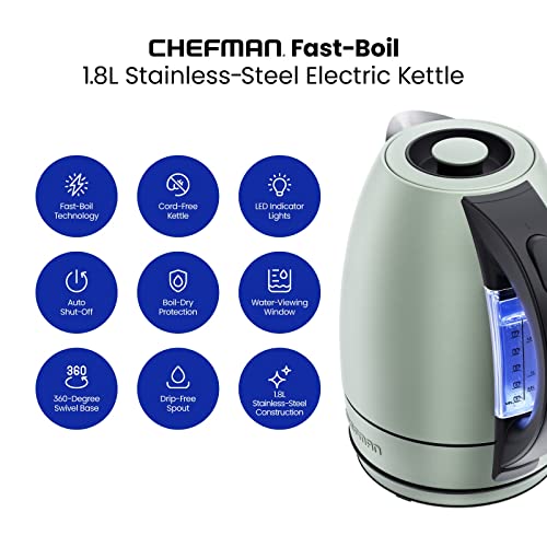 Chefman Electric Kettle, 1.8 Liter Stainless Steel Electric Tea Kettle Water Boiler with Automatic Shutoff, LED Lights, Boil-Dry Protection, Hot Water Electric Kettles for Boiling Water, Green