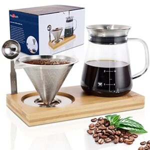 aquach pour over coffee maker set with extra large coffee dripper, 28 oz glass carafe, stainlesss steel coffee scoop and bamboo storage tray, unique set for home or office