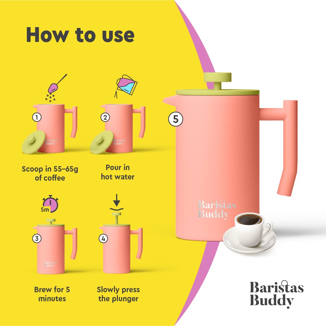 BaristasBuddy Cute Pink French Press Coffee Maker - Colorful, Retro And Stylish Insulated Coffee Brewer - Large Size Brews 4 Cups