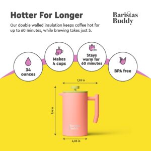 BaristasBuddy Cute Pink French Press Coffee Maker - Colorful, Retro And Stylish Insulated Coffee Brewer - Large Size Brews 4 Cups