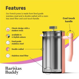 BaristasBuddy Cute Pink French Press Coffee Maker - Colorful, Retro And Stylish Insulated Coffee Brewer - Large Size Brews 4 Cups