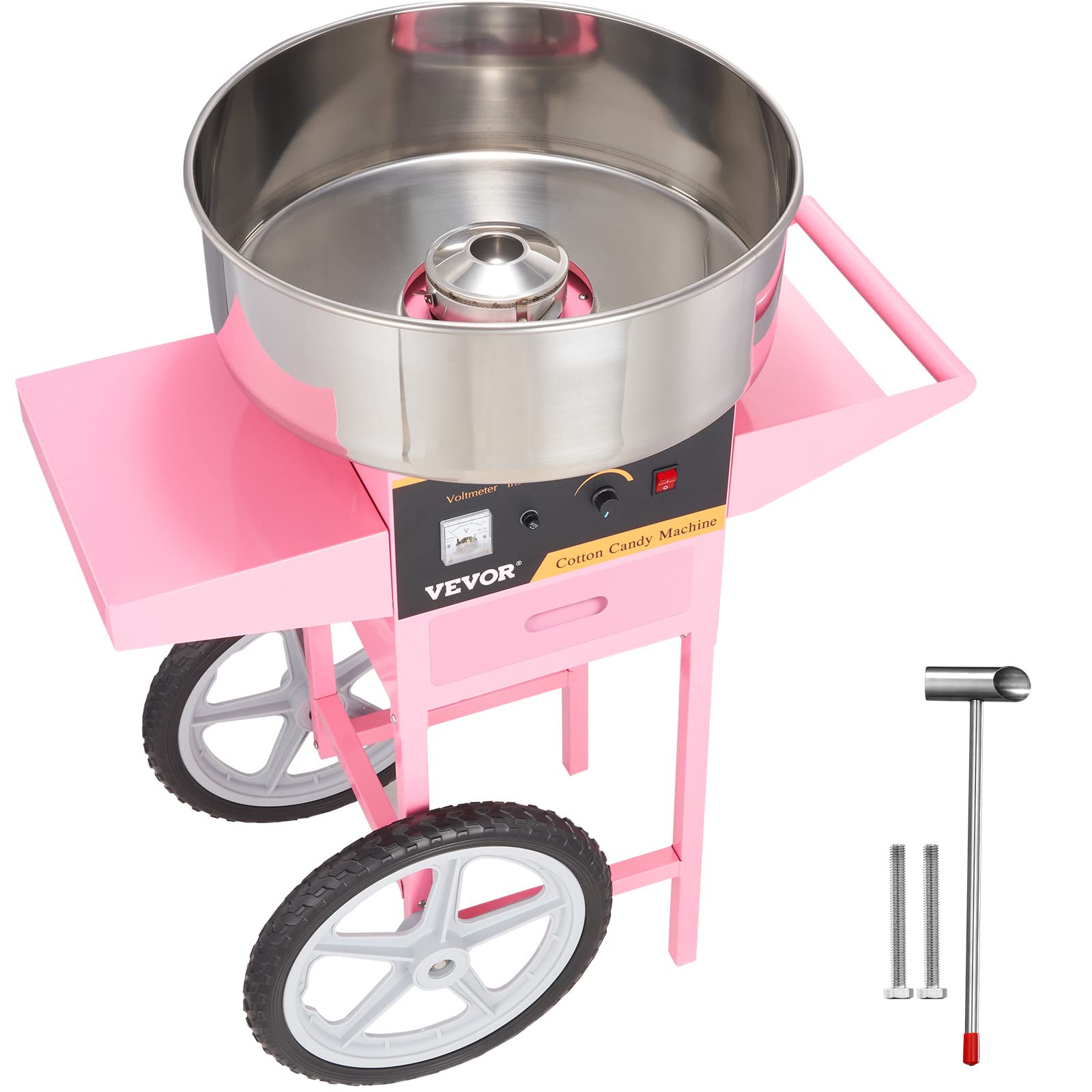 VBENLEM Commercial Cotton Candy Machine with Cart, Electric Floss Maker with Stainless Steel Bowl, Sugar Scoop and Drawer, for Family and Various Party, Pink