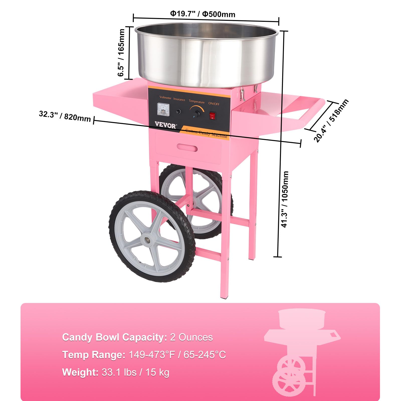 VBENLEM Commercial Cotton Candy Machine with Cart, Electric Floss Maker with Stainless Steel Bowl, Sugar Scoop and Drawer, for Family and Various Party, Pink